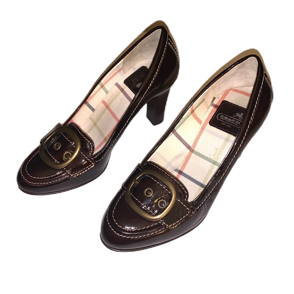 Coach | Shoes | Coach Hillary Crinkle Patent Leather Buckle Block Heel ...